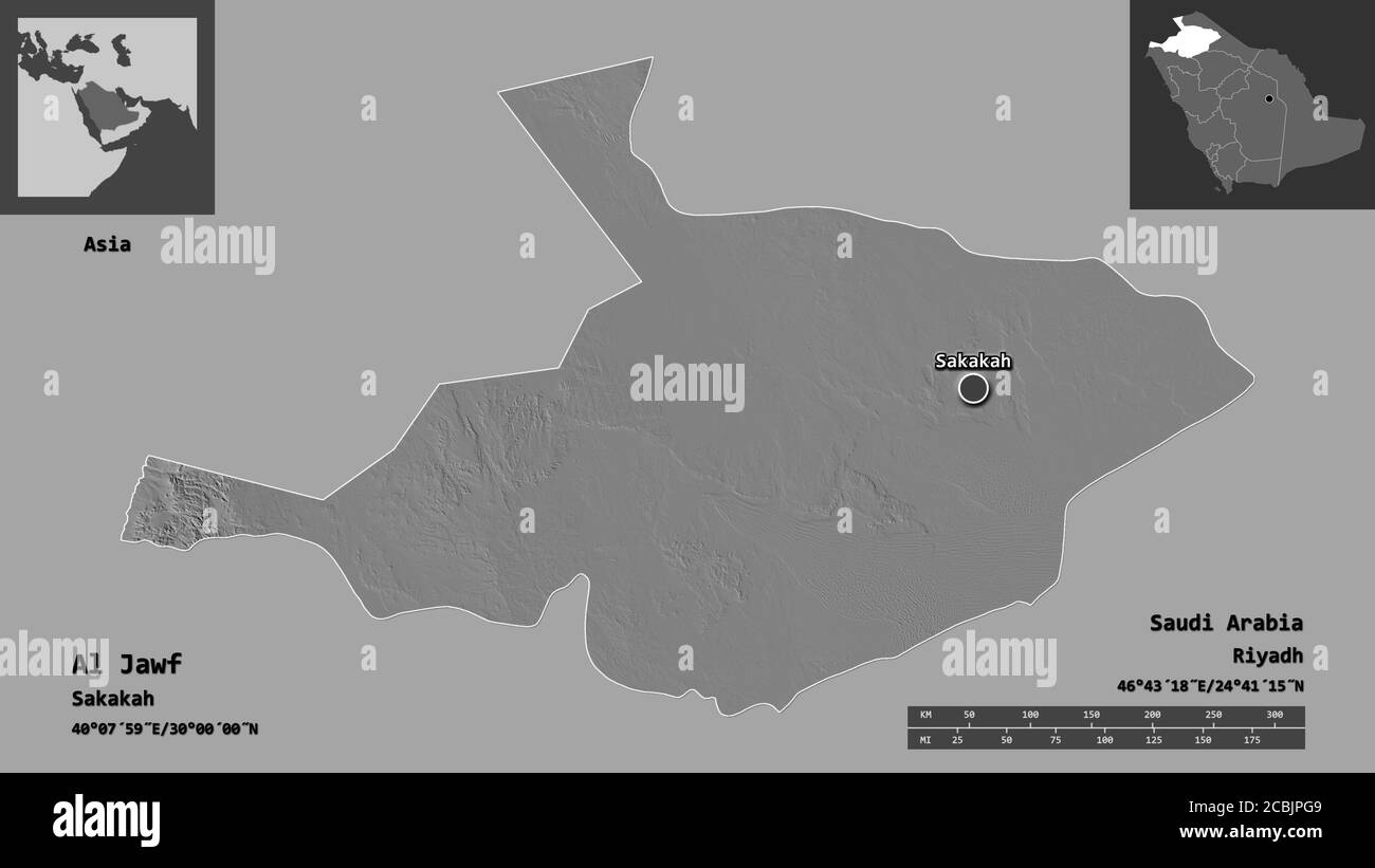 Shape of Al Jawf, region of Saudi Arabia, and its capital. Distance ...