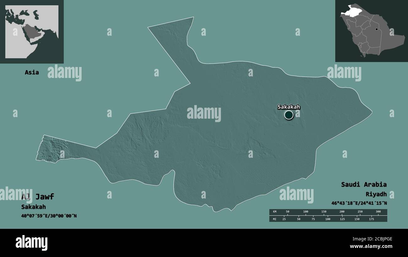 Shape of Al Jawf, region of Saudi Arabia, and its capital. Distance ...