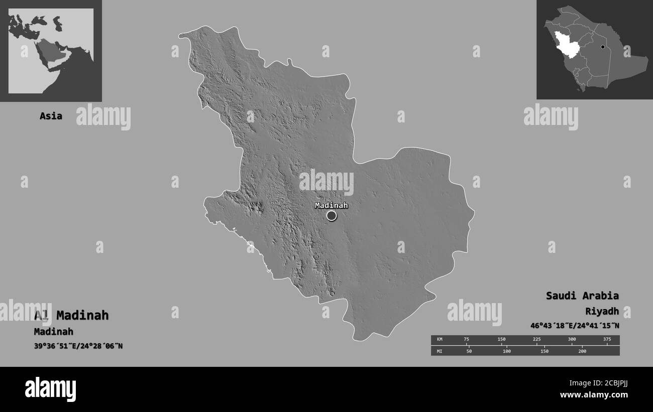 Shape of Al Madinah, region of Saudi Arabia, and its capital. Distance ...