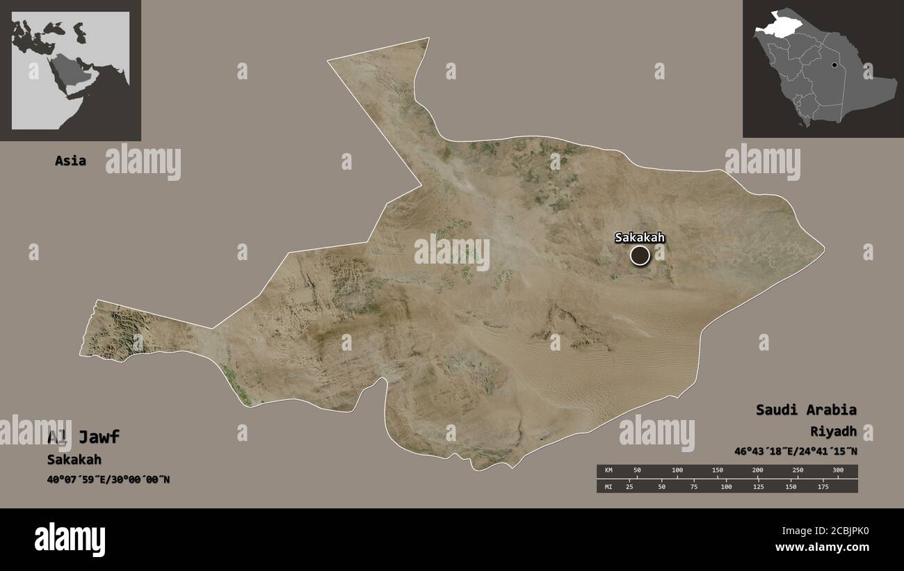 Shape of Al Jawf, region of Saudi Arabia, and its capital. Distance ...