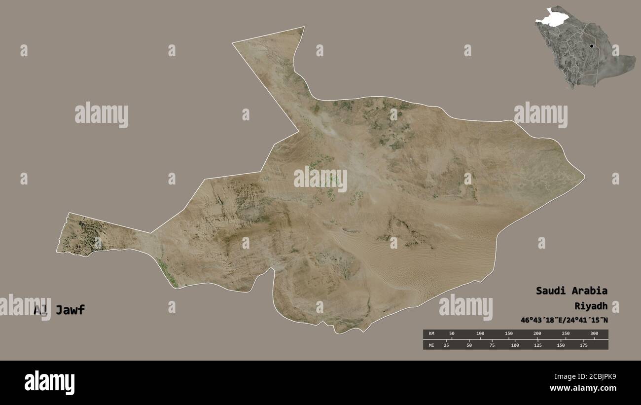 Shape of Al Jawf, region of Saudi Arabia, with its capital isolated on ...