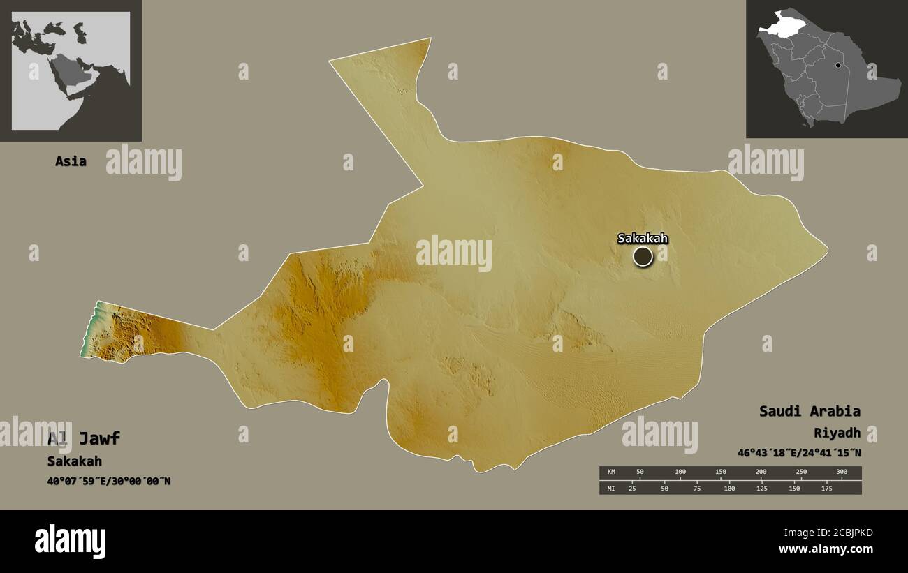 Shape of Al Jawf, region of Saudi Arabia, and its capital. Distance ...