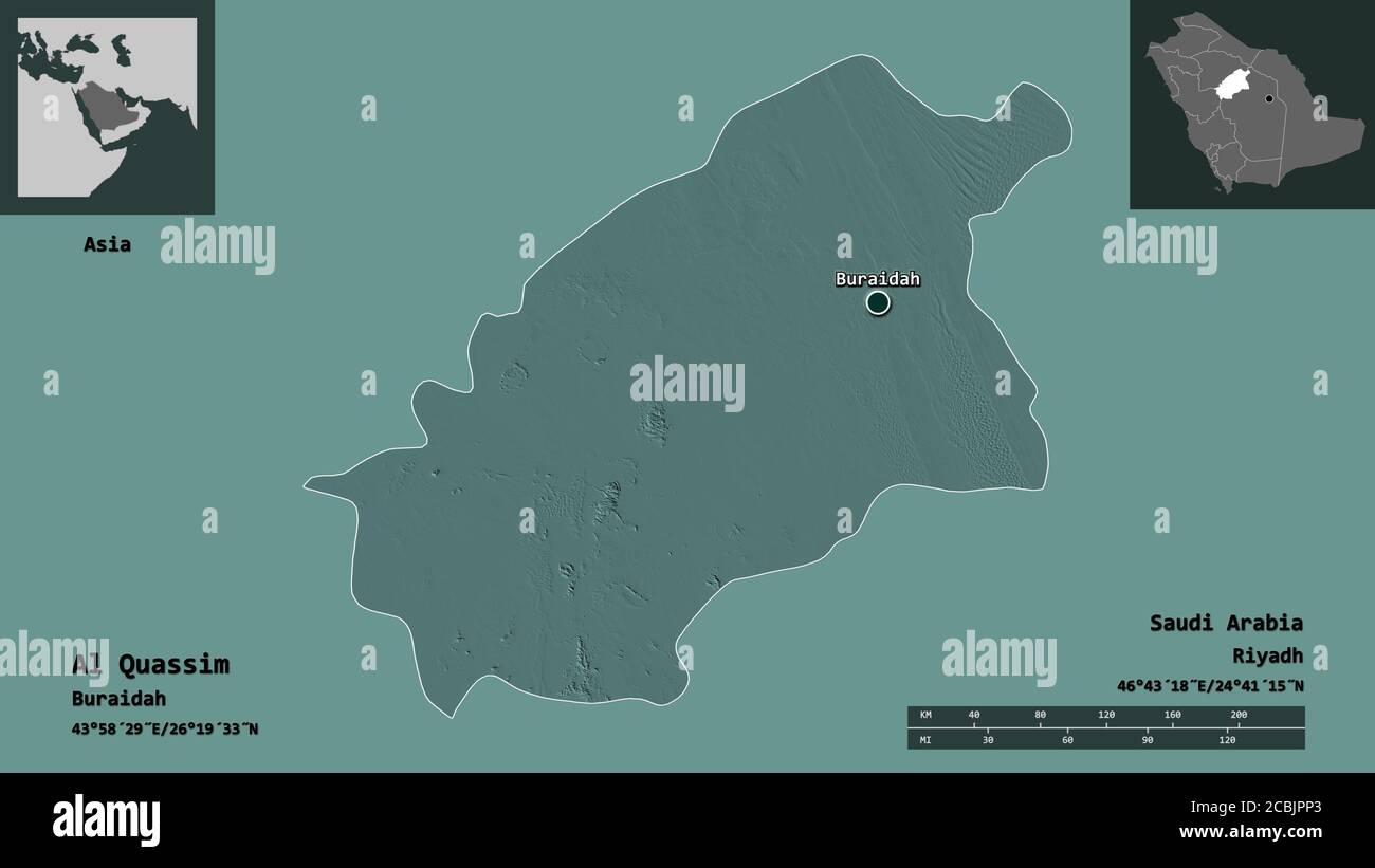 Shape of Al Quassim, region of Saudi Arabia, and its capital. Distance ...