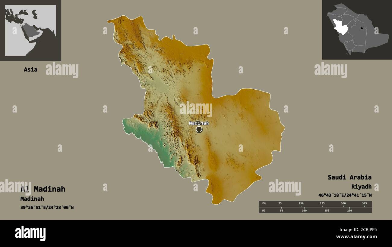 Shape of Al Madinah, region of Saudi Arabia, and its capital. Distance ...