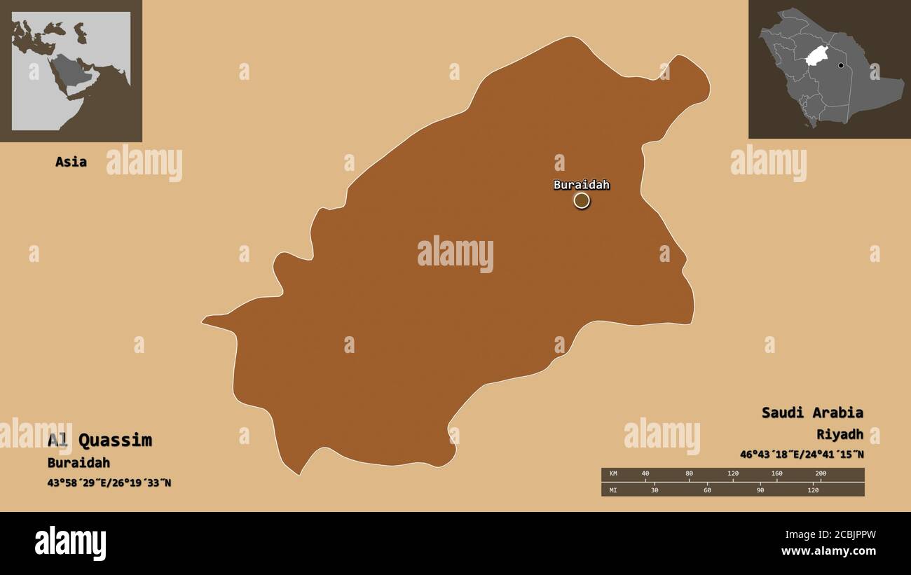 Shape of Al Quassim, region of Saudi Arabia, and its capital. Distance ...