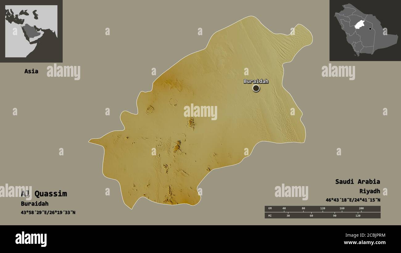 Shape of Al Quassim, region of Saudi Arabia, and its capital. Distance ...