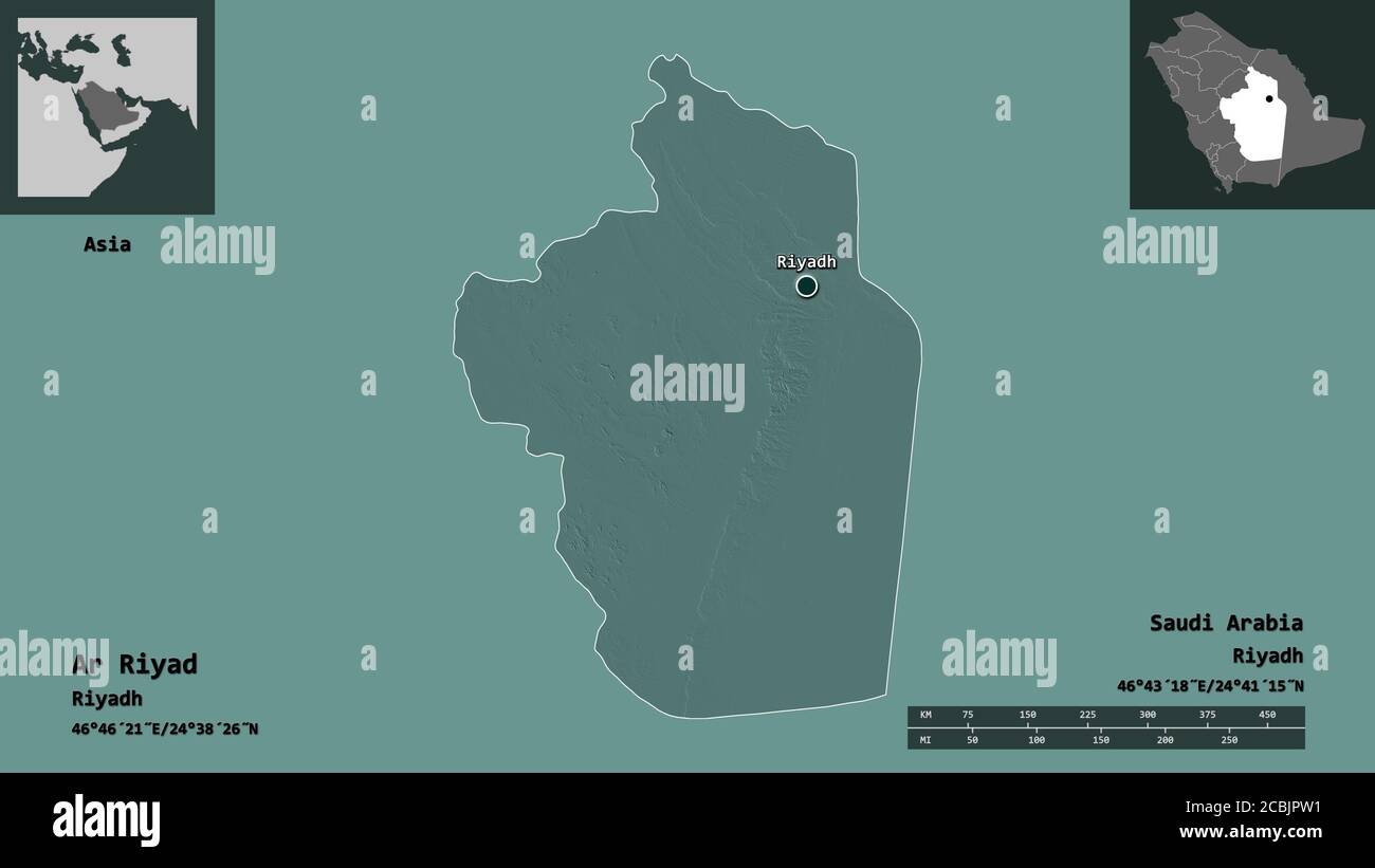 Shape of Ar Riyad, region of Saudi Arabia, and its capital. Distance ...