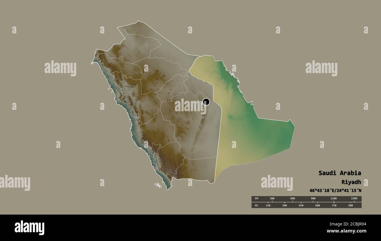 Desaturated shape of Saudi Arabia with its capital, main regional ...