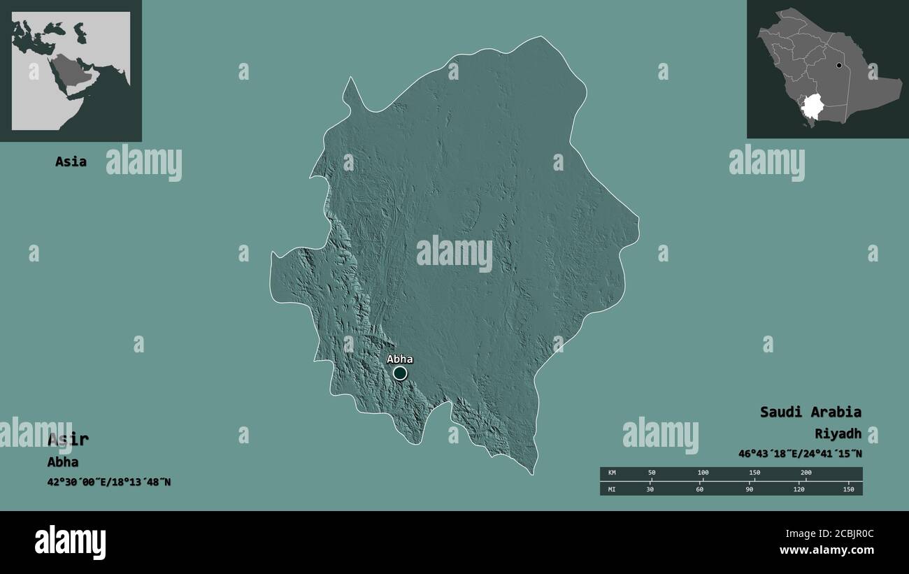 Shape of Asir, region of Saudi Arabia, and its capital. Distance scale ...