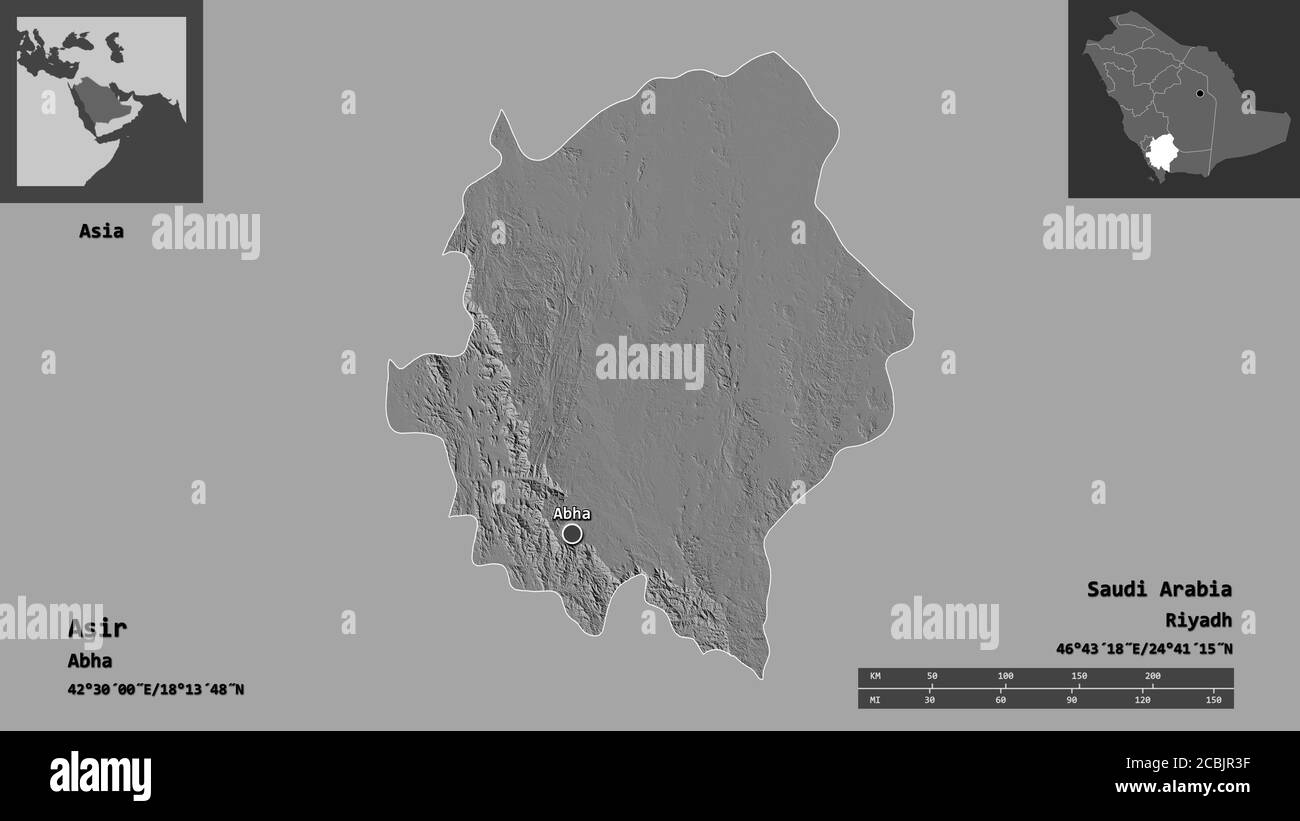 Shape of Asir, region of Saudi Arabia, and its capital. Distance scale ...