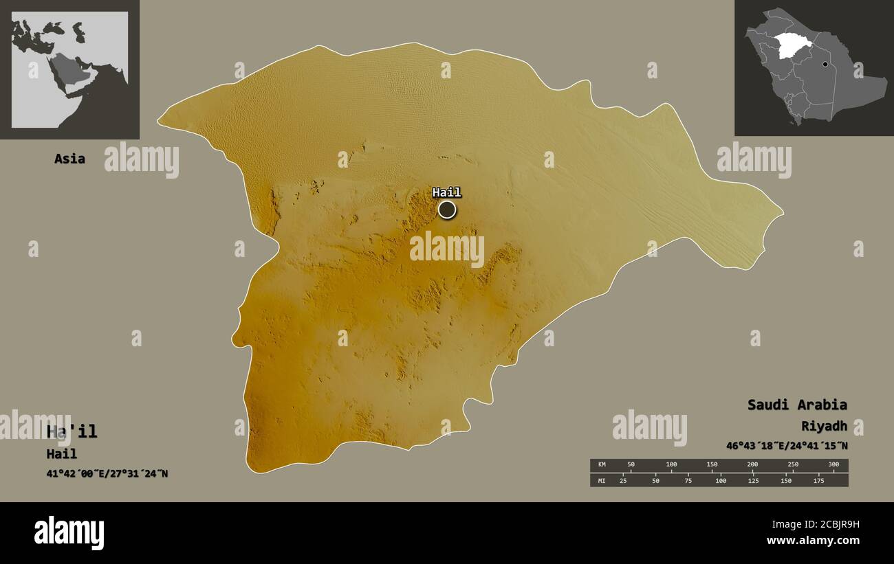 Shape of Ha'il, region of Saudi Arabia, and its capital. Distance scale ...