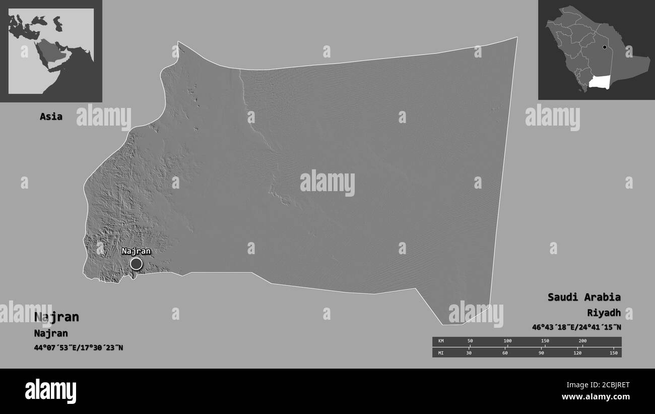 Shape of Najran, region of Saudi Arabia, and its capital. Distance ...