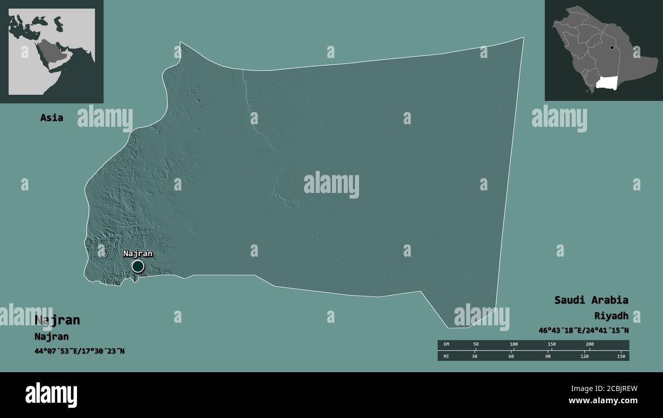Shape of Najran, region of Saudi Arabia, and its capital. Distance ...