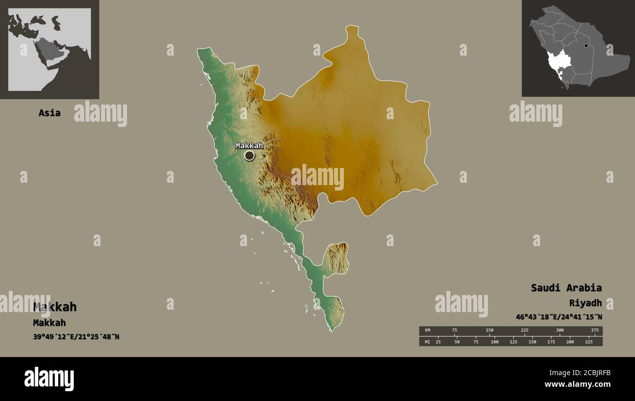 Shape of Makkah, region of Saudi Arabia, and its capital. Distance ...