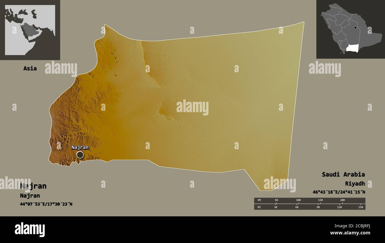 Shape of Najran, region of Saudi Arabia, and its capital. Distance ...