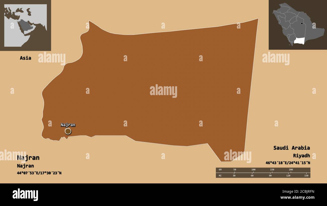 Shape of Najran, region of Saudi Arabia, and its capital. Distance ...