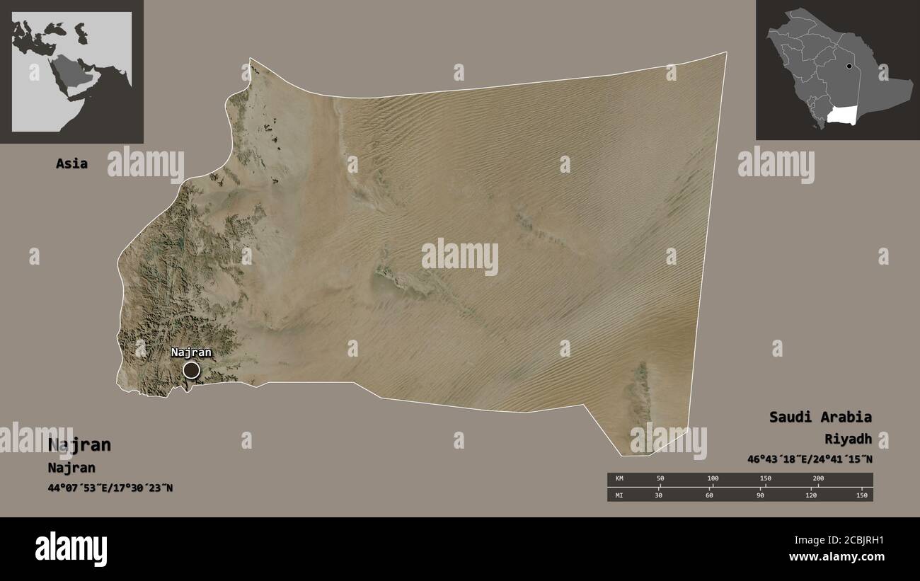 Shape of Najran, region of Saudi Arabia, and its capital. Distance ...