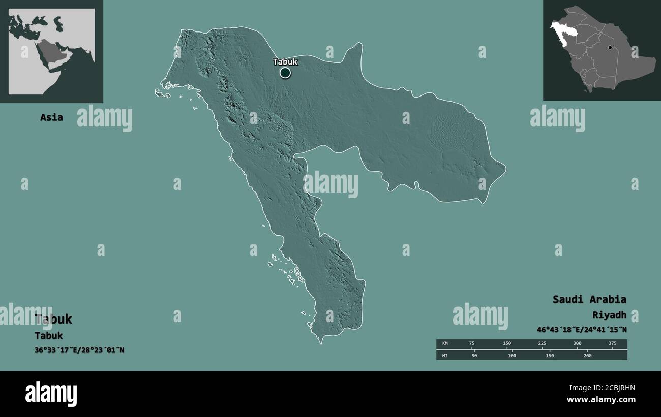 Shape of Tabuk, region of Saudi Arabia, and its capital. Distance scale ...
