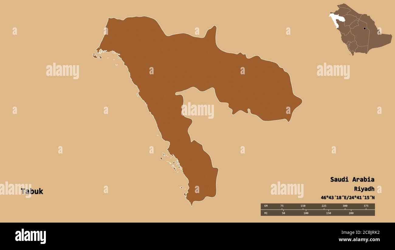 Shape of Tabuk, region of Saudi Arabia, with its capital isolated on ...