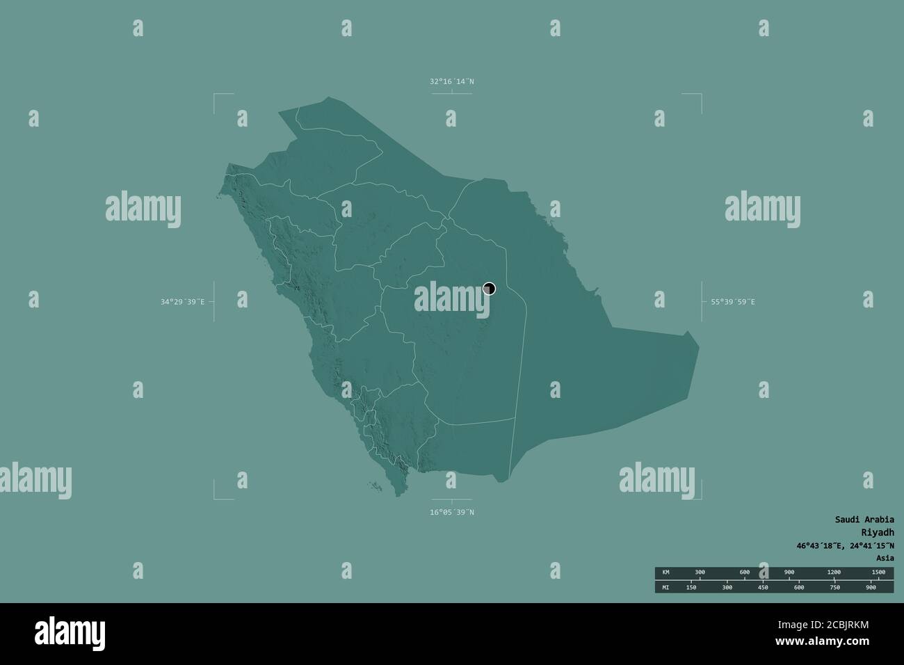 Area of Saudi Arabia isolated on a solid background in a georeferenced ...