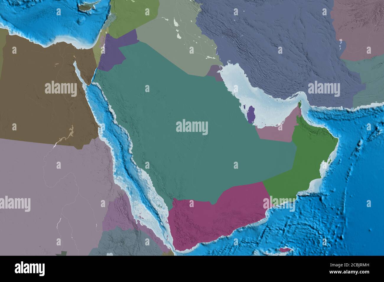 Extended area of Saudi Arabia. Colored elevation map. 3D rendering ...