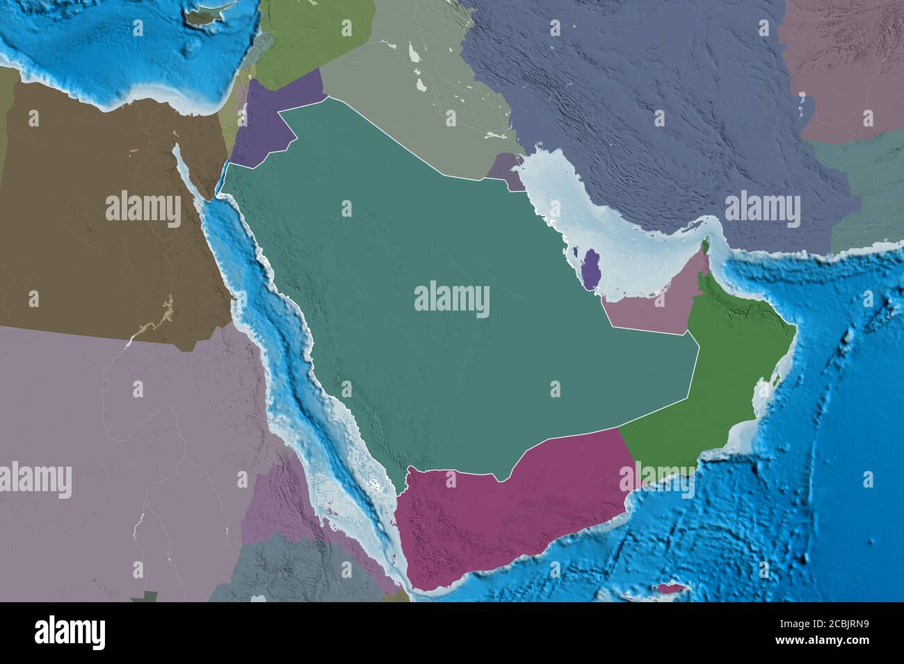 Extended area of outlined Saudi Arabia. Colored elevation map. 3D ...