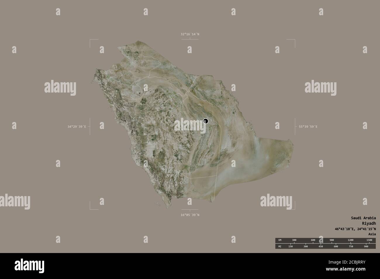 Area of Saudi Arabia isolated on a solid background in a georeferenced ...