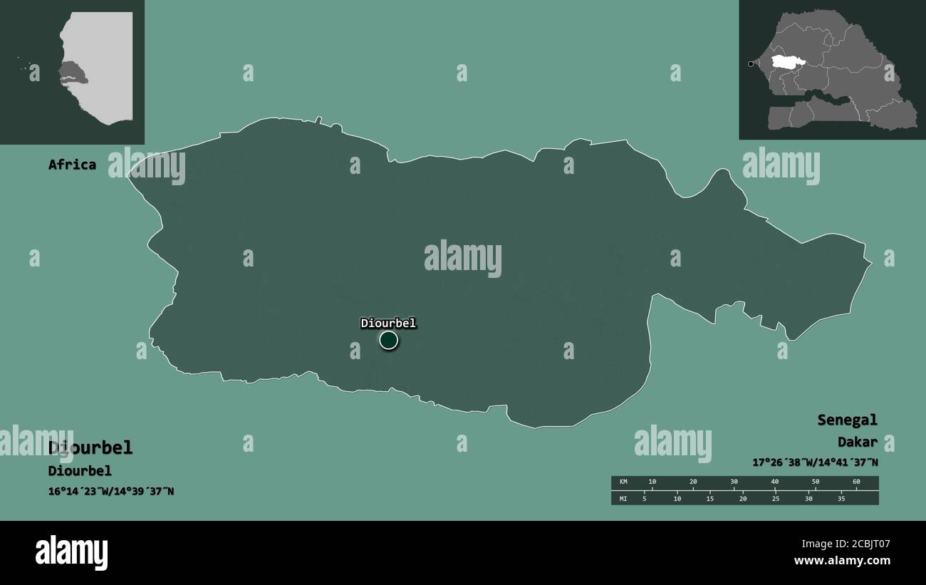 Shape of Diourbel, region of Senegal, and its capital. Distance scale ...