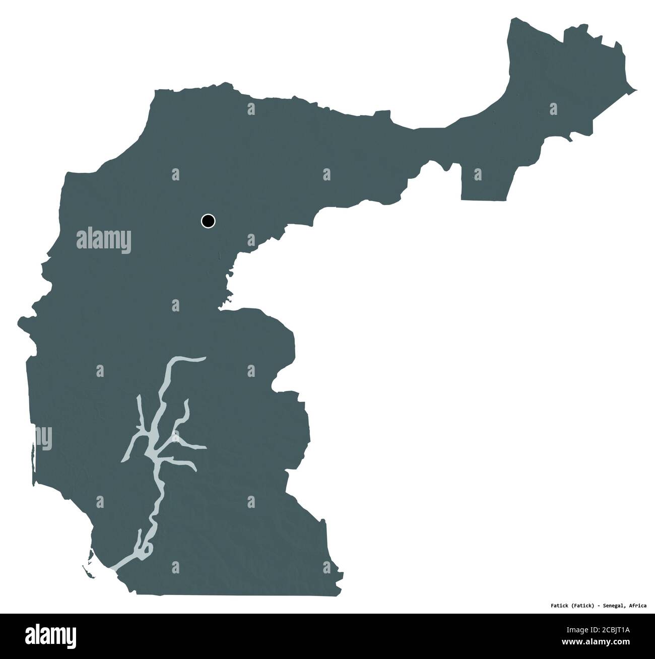 Shape of Fatick, region of Senegal, with its capital isolated on white ...