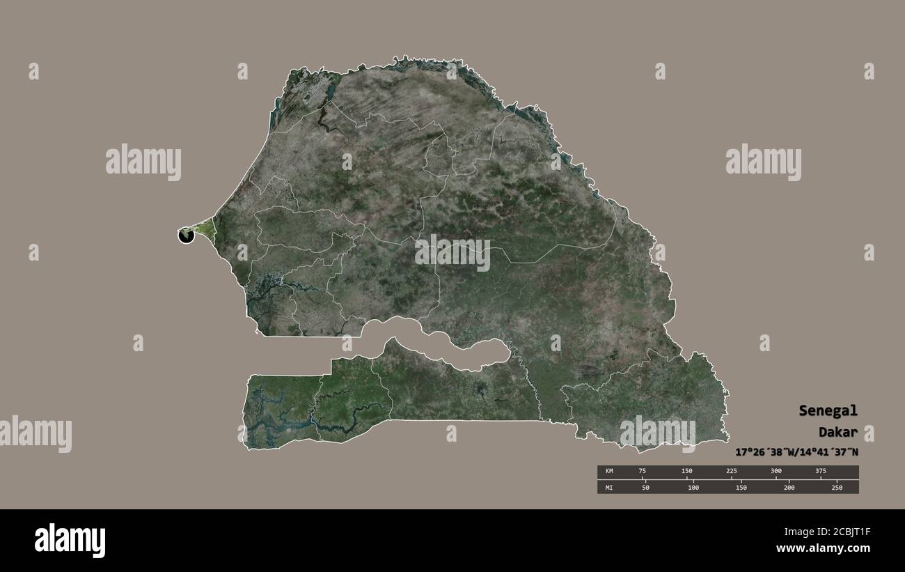 Desaturated shape of Senegal with its capital, main regional division ...