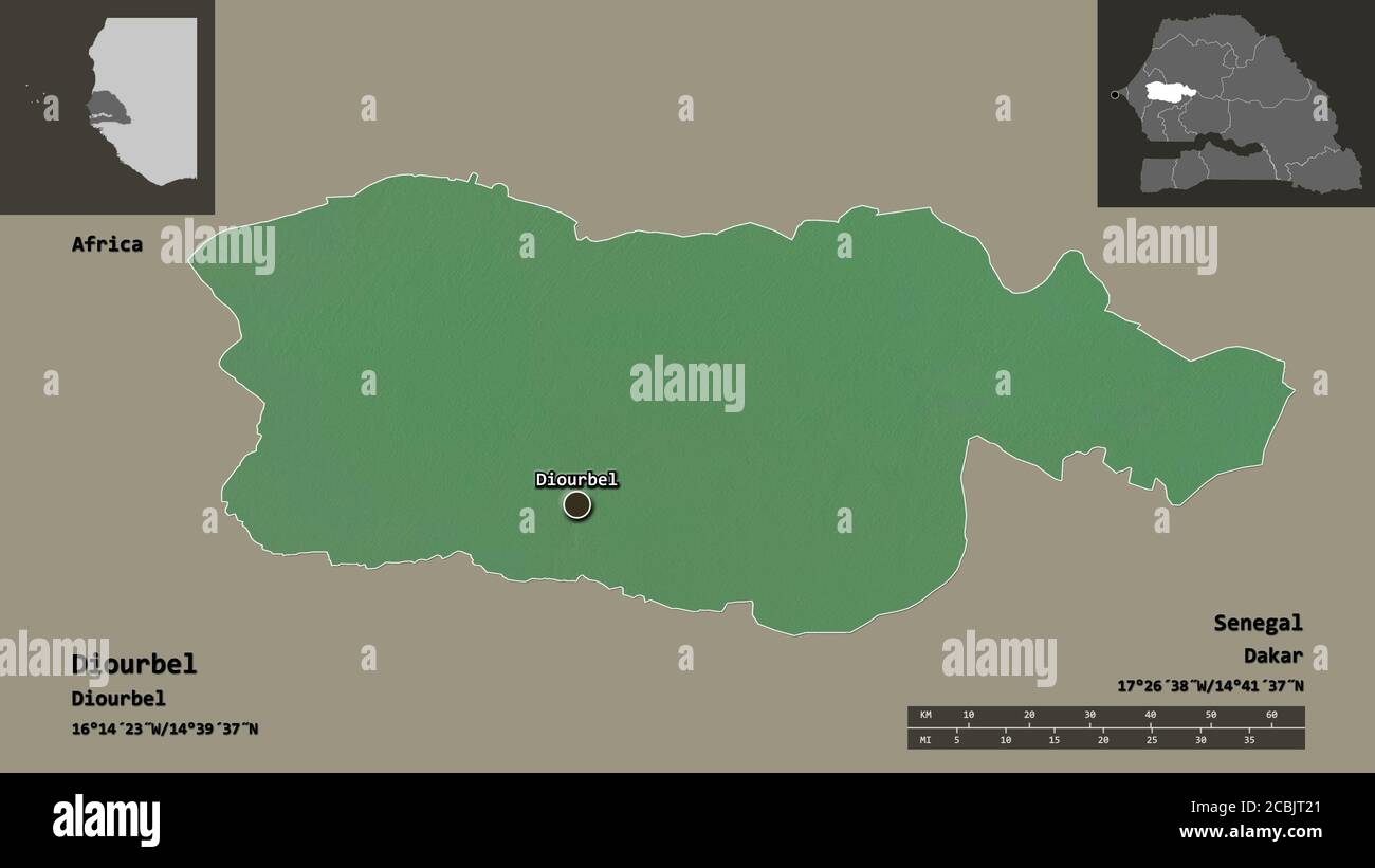 Shape of Diourbel, region of Senegal, and its capital. Distance scale ...