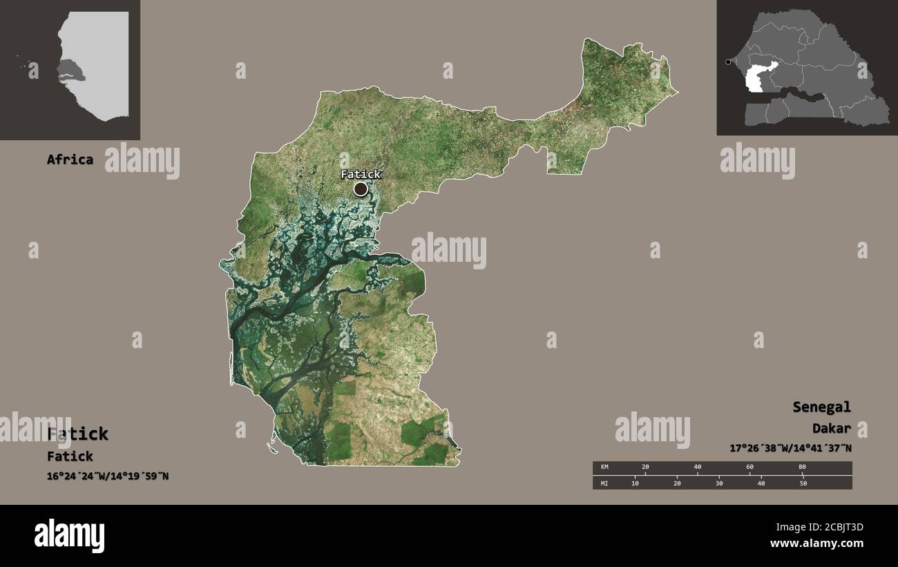 Shape of Fatick, region of Senegal, and its capital. Distance scale ...