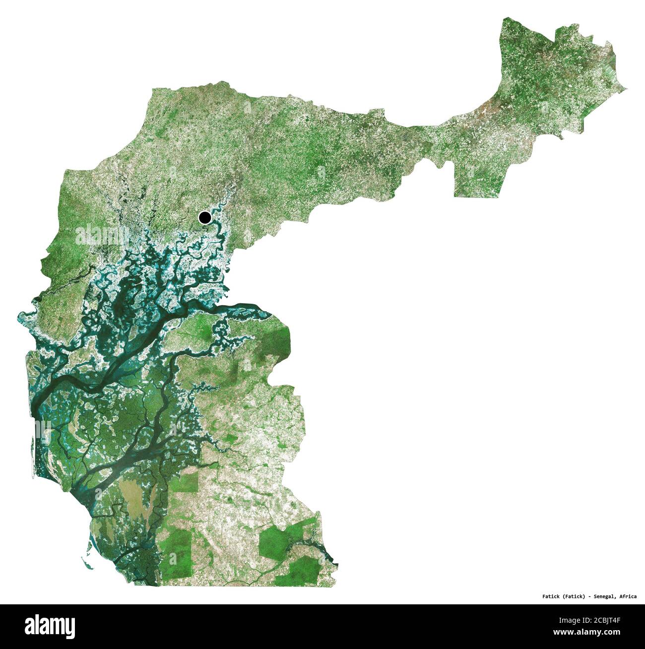 Shape of Fatick, region of Senegal, with its capital isolated on white ...