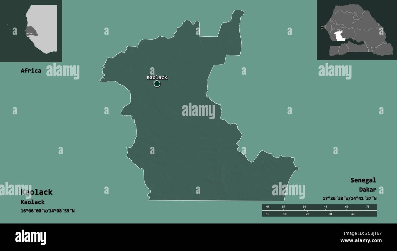 Shape of Kaolack, region of Senegal, and its capital. Distance scale ...