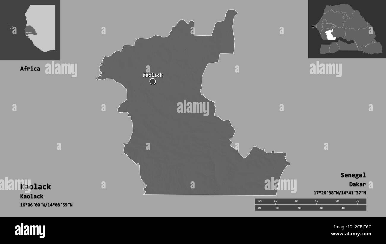 Shape of Kaolack, region of Senegal, and its capital. Distance scale ...