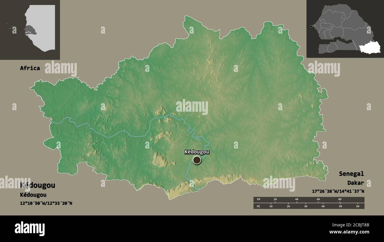 Shape of Kédougou, region of Senegal, and its capital. Distance scale ...