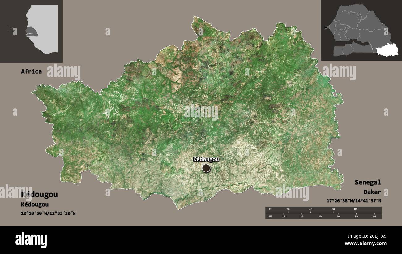 Shape of Kédougou, region of Senegal, and its capital. Distance scale ...