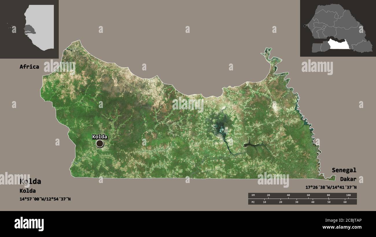 Shape of Kolda, region of Senegal, and its capital. Distance scale ...