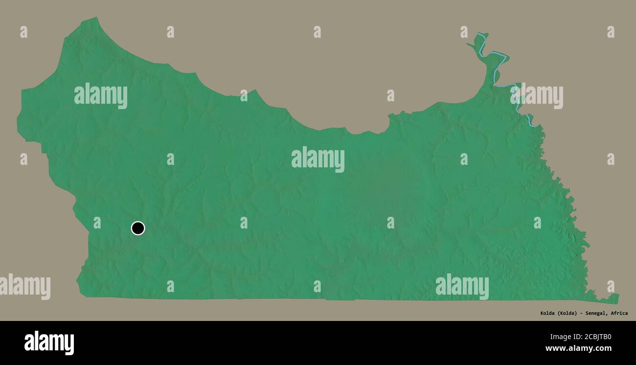 Shape of Kolda, region of Senegal, with its capital isolated on a solid ...