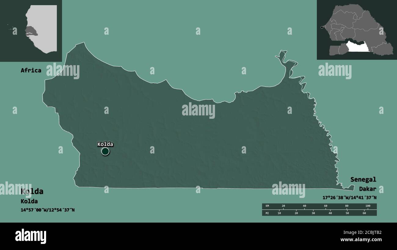 Shape of Kolda, region of Senegal, and its capital. Distance scale ...