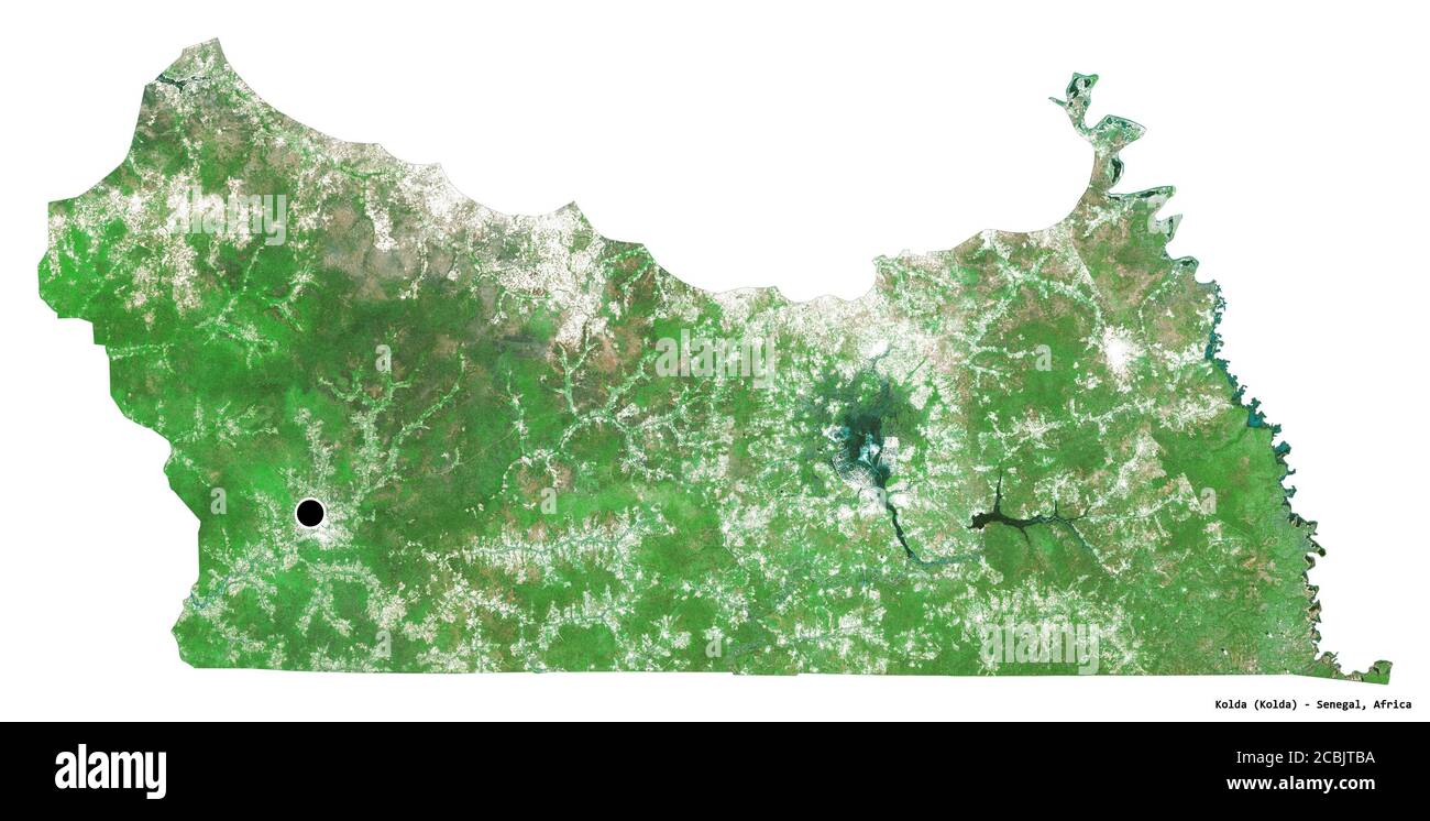Shape of Kolda, region of Senegal, with its capital isolated on white ...