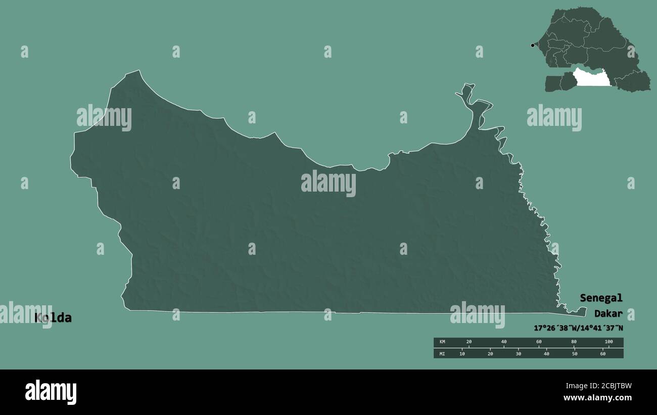 Shape of Kolda, region of Senegal, with its capital isolated on solid ...