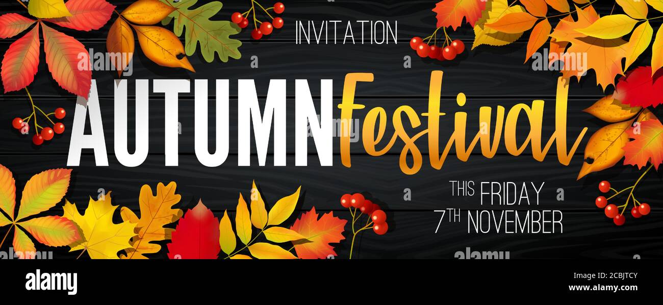 November autumn festival announcement, invitation banner with fallen ...
