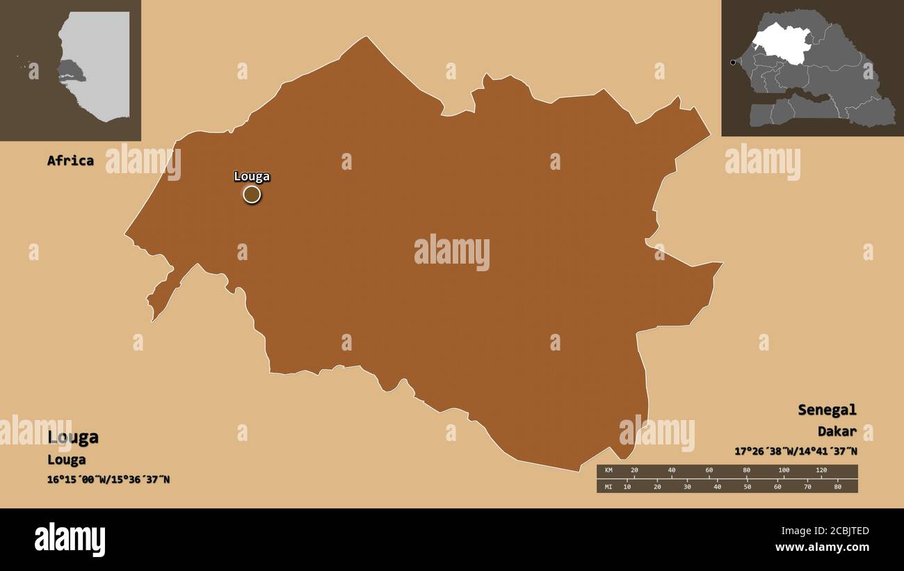 Shape of Louga, region of Senegal, and its capital. Distance scale ...