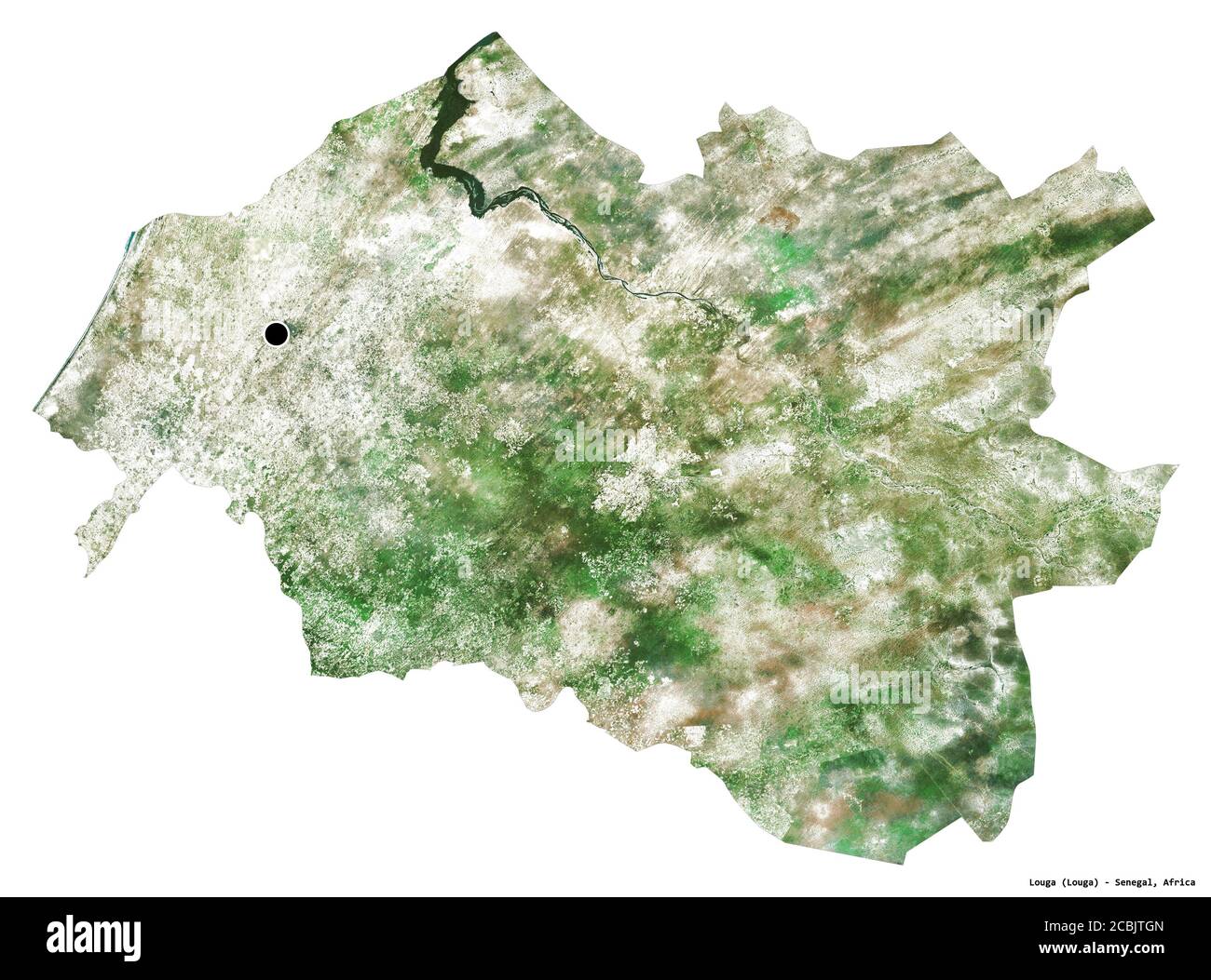 Shape of Louga, region of Senegal, with its capital isolated on white ...