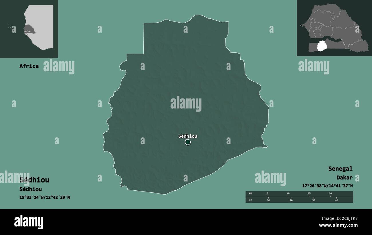 Shape of Sédhiou, region of Senegal, and its capital. Distance scale ...