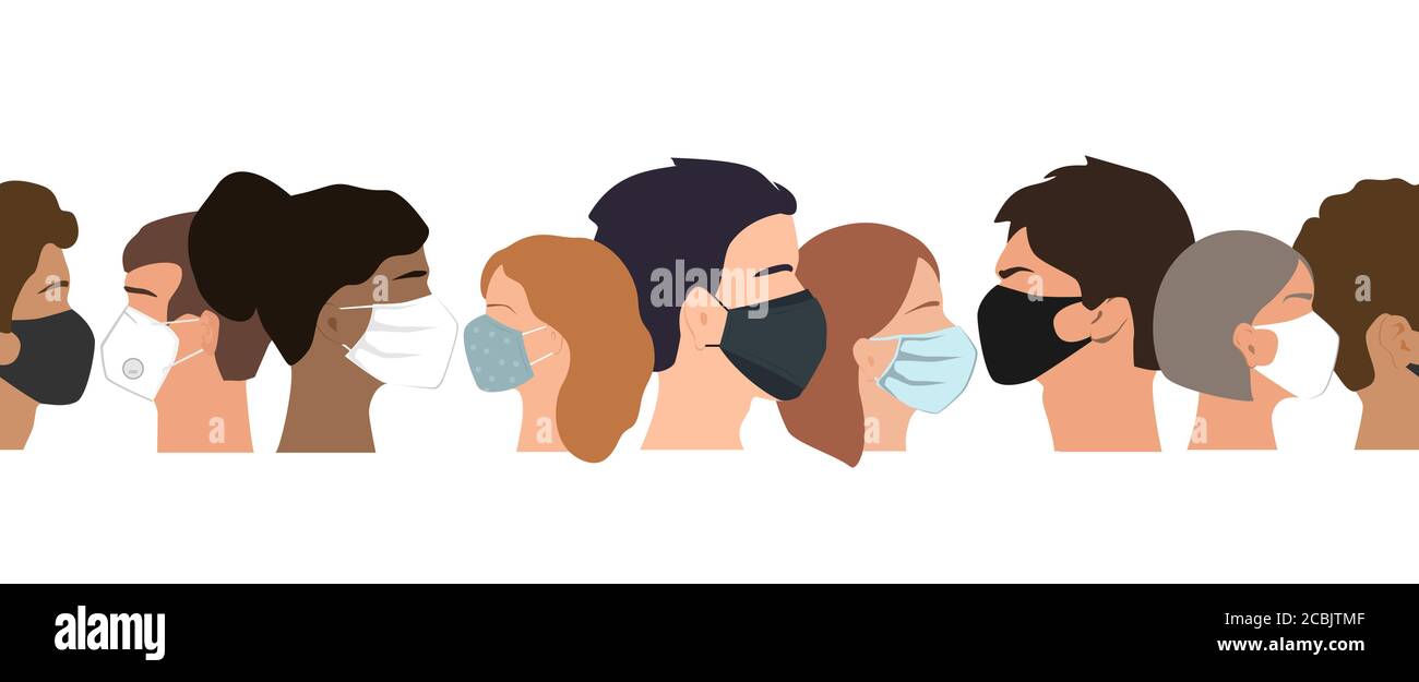 People set faces with medical masks, vector seamless border ...