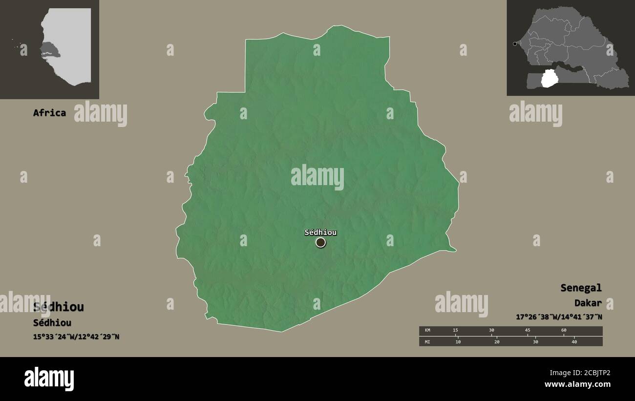Shape of Sédhiou, region of Senegal, and its capital. Distance scale ...