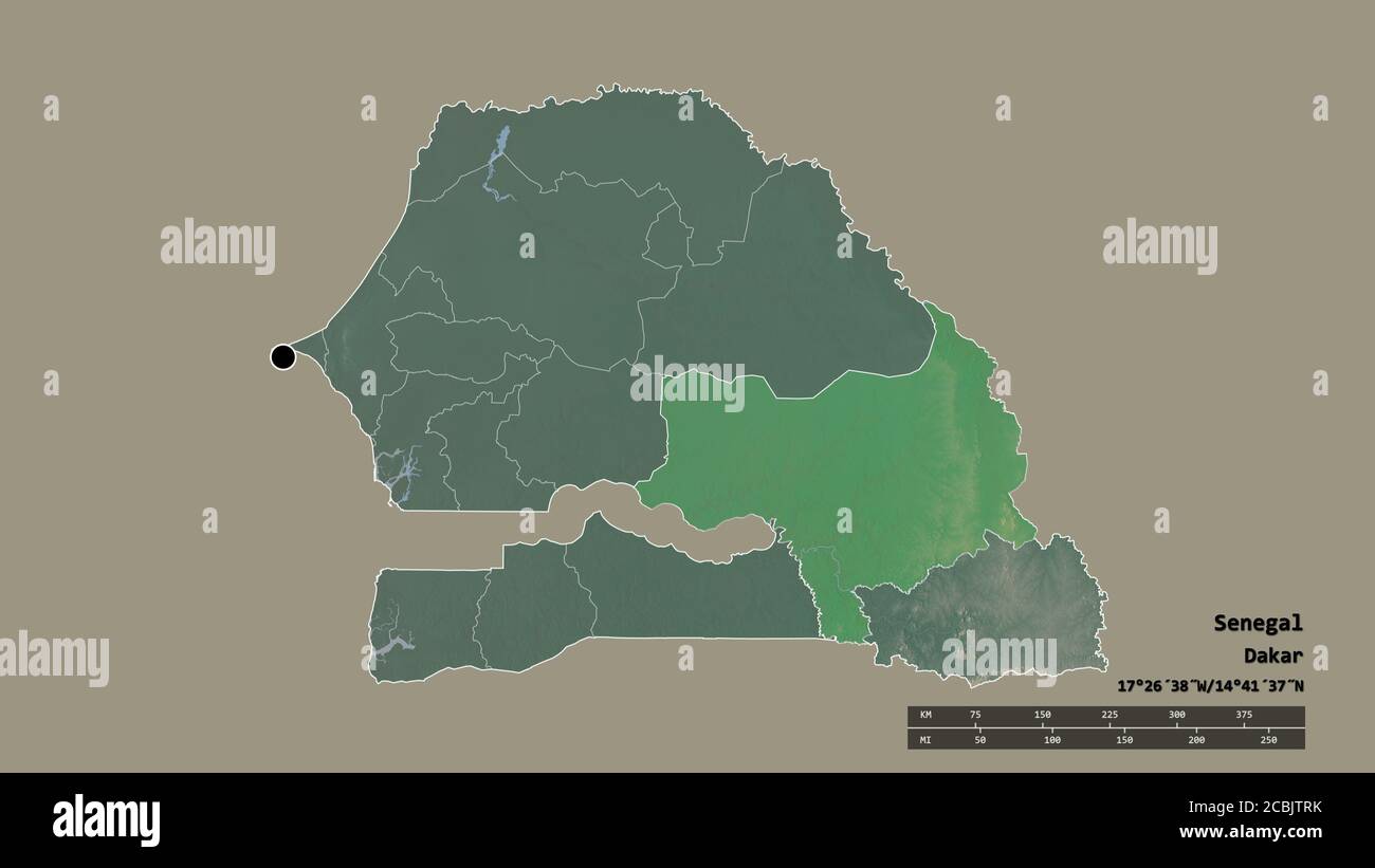 Desaturated shape of Senegal with its capital, main regional division ...