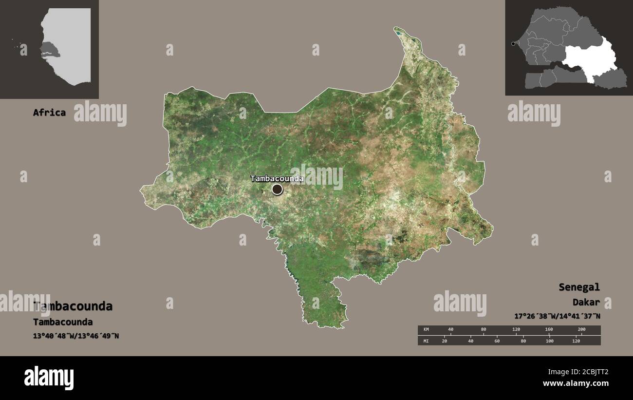 Shape of Tambacounda, region of Senegal, and its capital. Distance ...